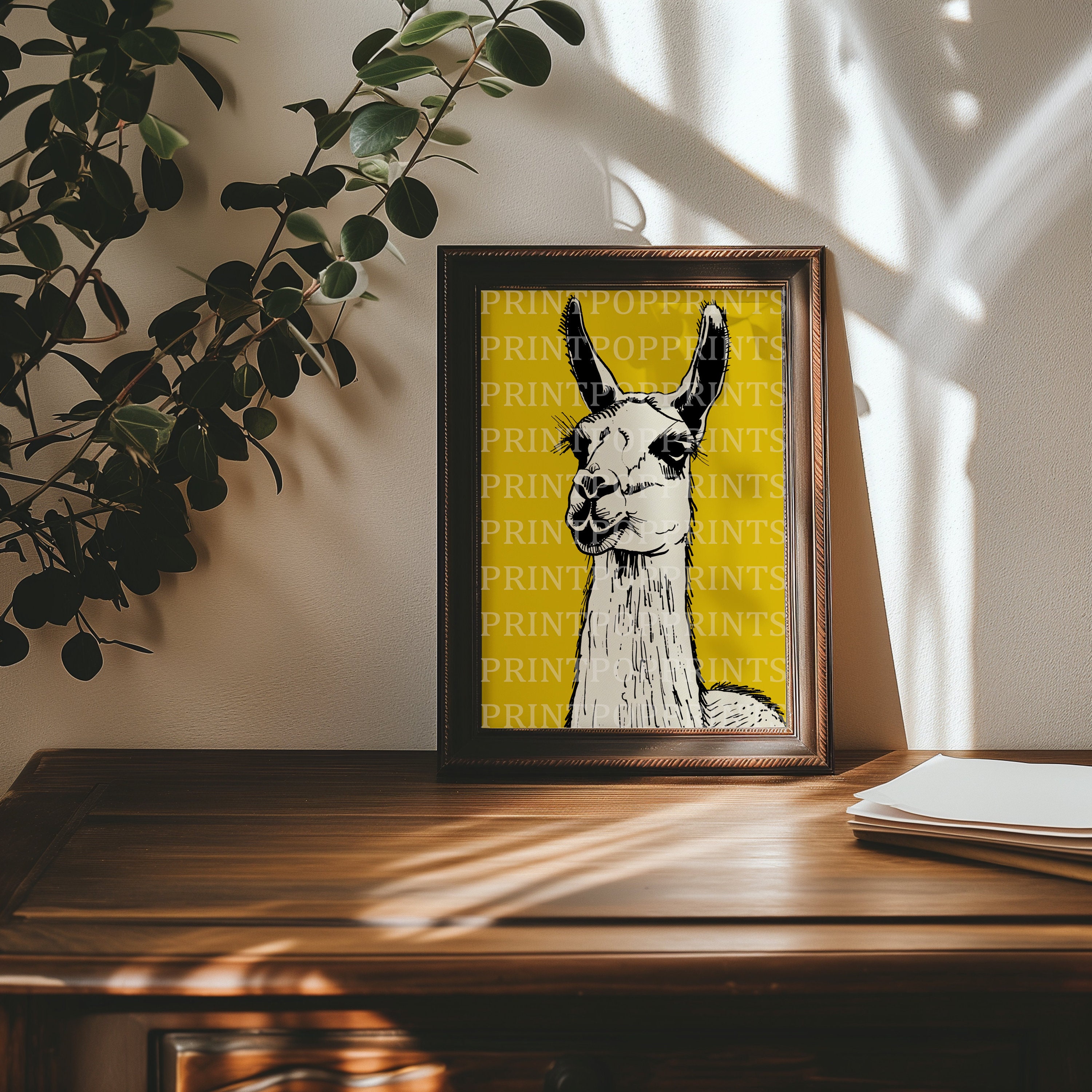 Modern Llama Art Print Yellow Background Printable Wall Art Black and ...