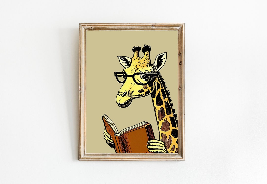 Giraffe Reading Art Print Digital Download, Quirky Animal Illustration ...