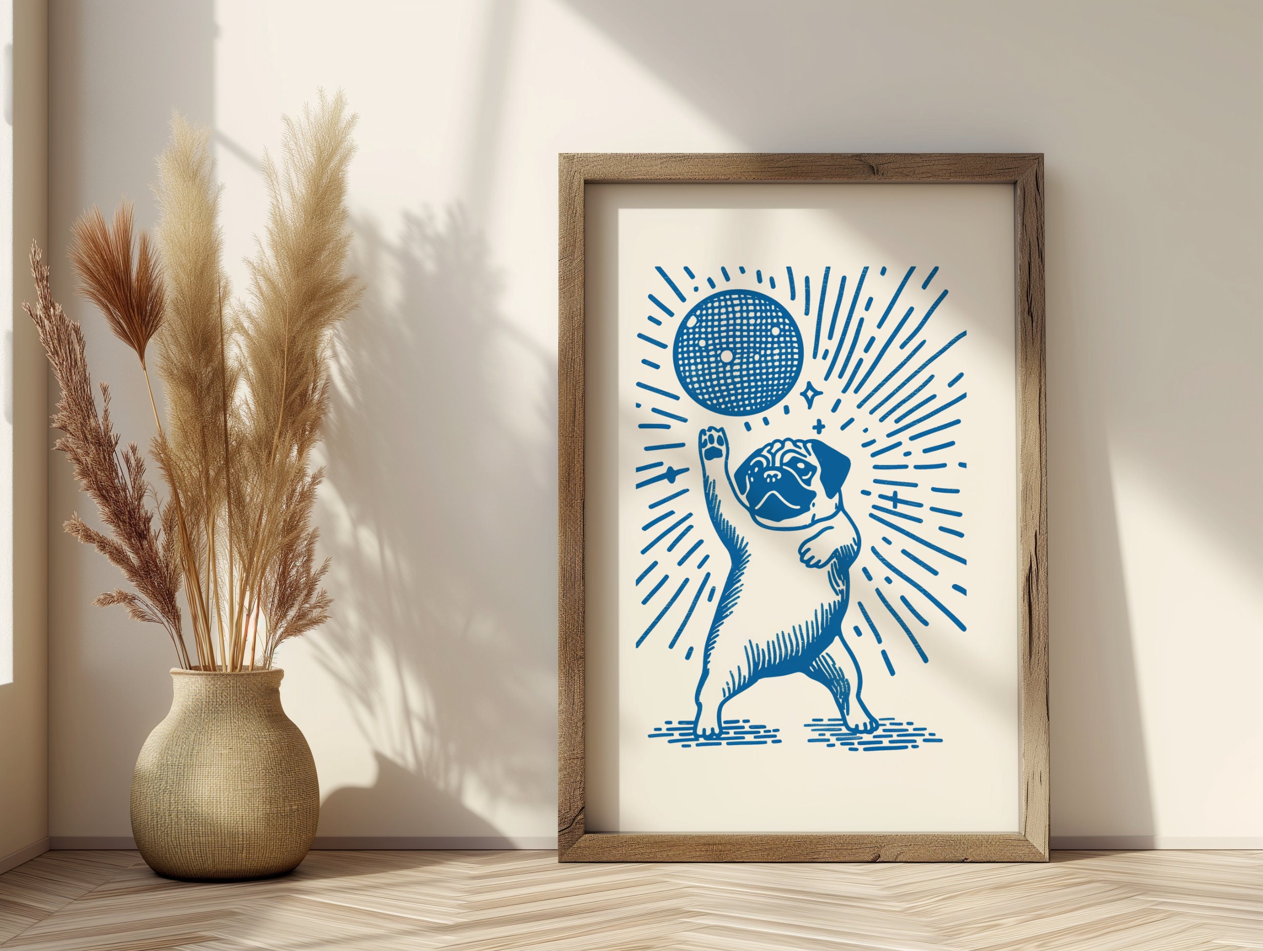 Retro Disco Pug Dance Party Printable Blue Linocut Illustration Home ...