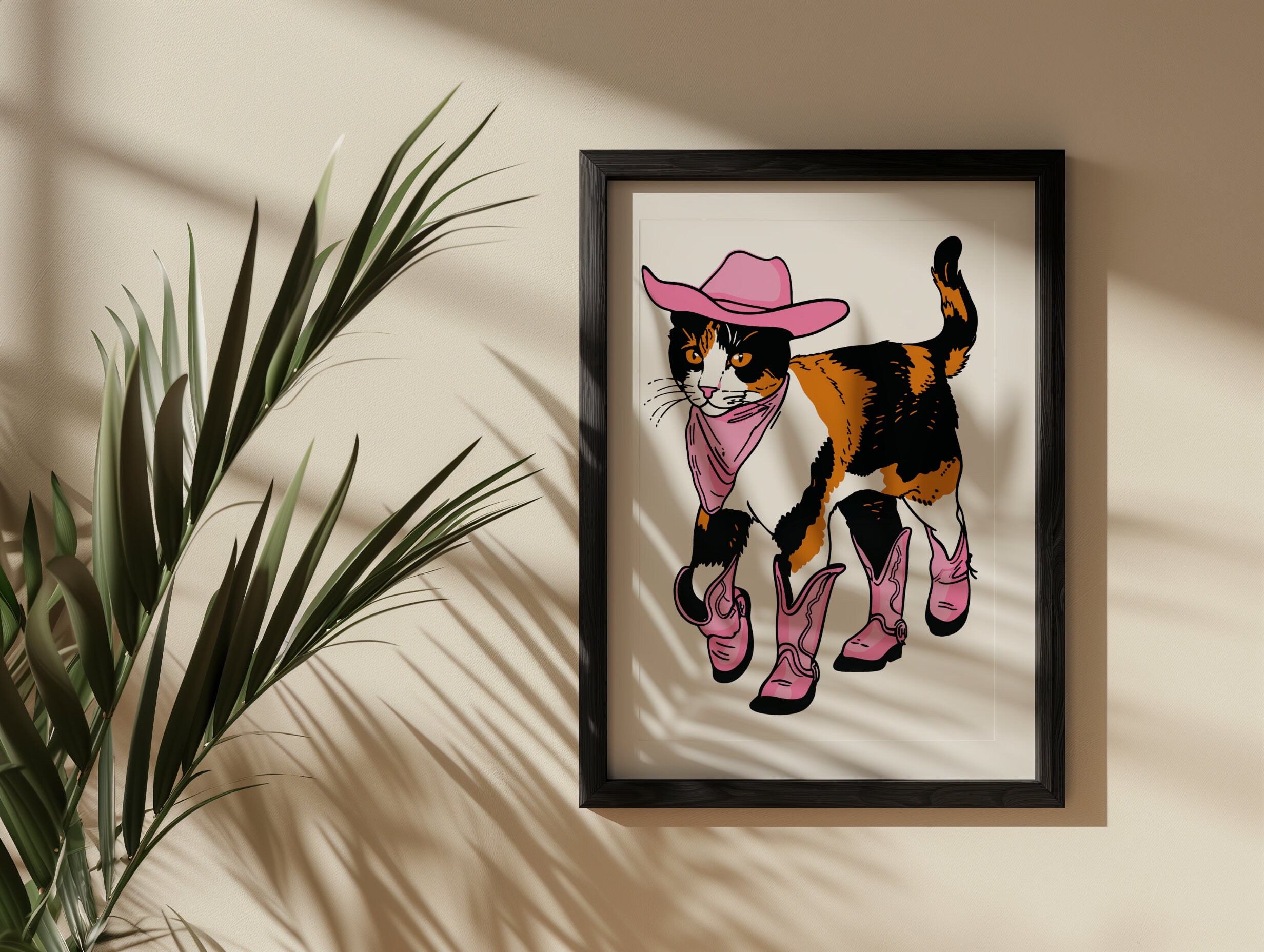 Retro Calico Cat Cowboy Digital Art Pink Western Outfit Cat ...