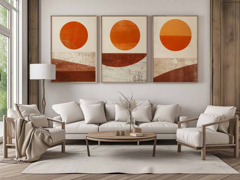 Abstract Sunrise Series Set of 3 Printable Artworks Orange Geometric ...