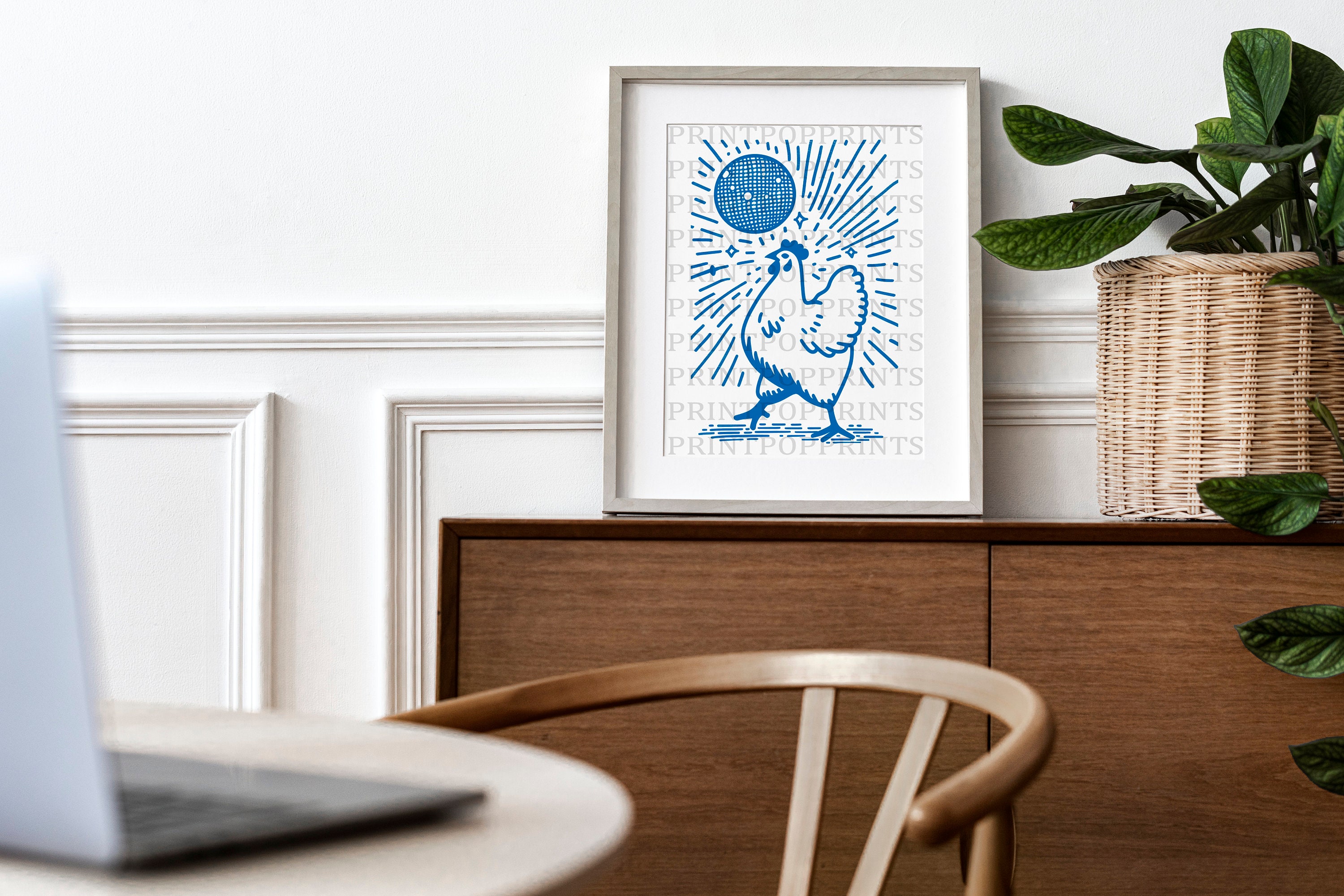 Retro Disco Chicken Dance Party - Blue Linocut Style Digital Print ...