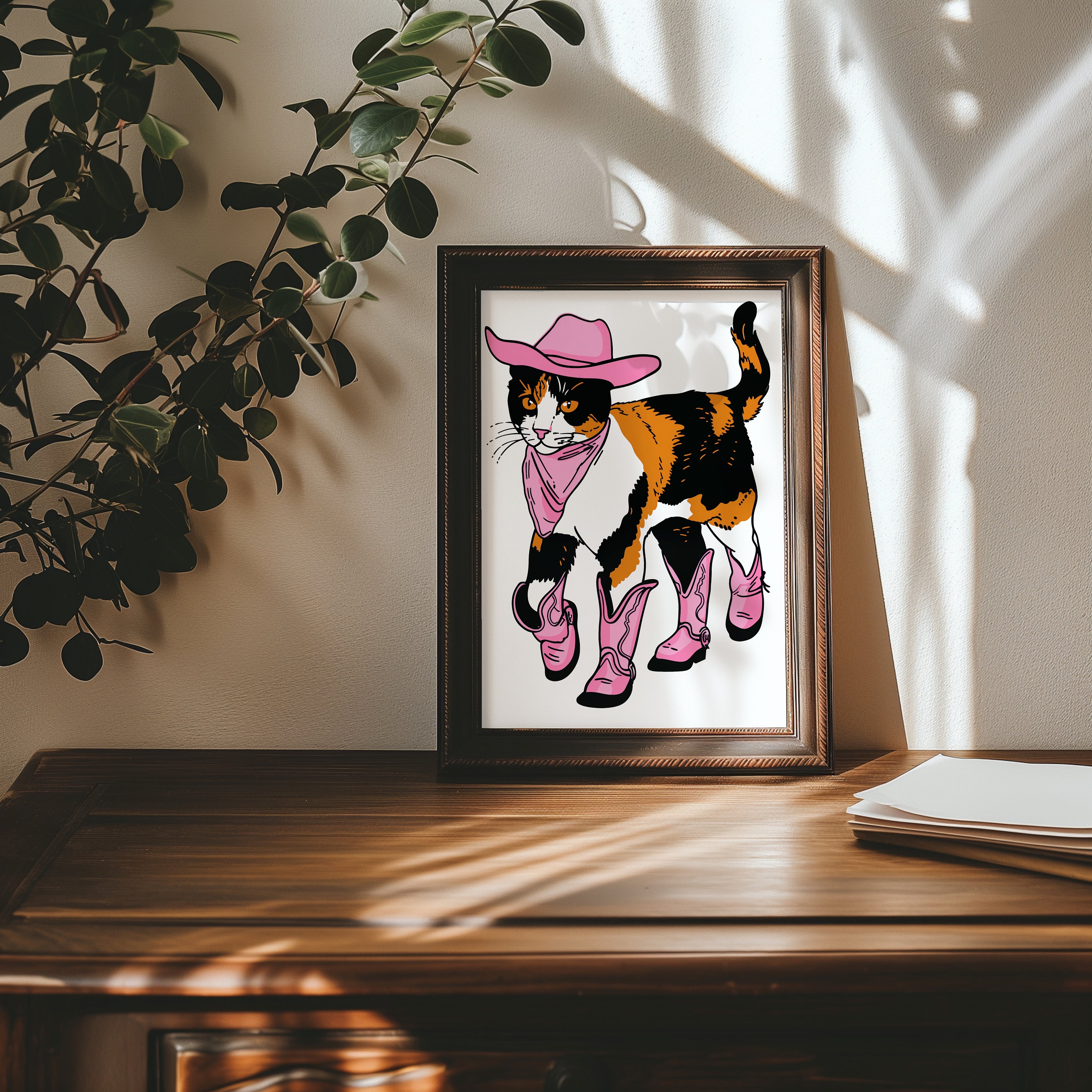 Retro Calico Cat Cowboy Digital Art Pink Western Outfit Cat ...