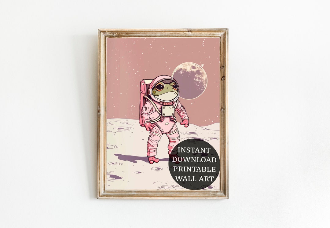 Thinking Astronaut Frog on Moon Digital Art Print, Pastel Space Wall ...