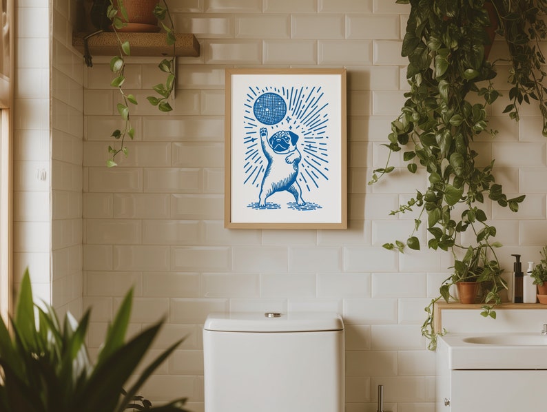 Retro Disco Pug Dance Party Printable Blue Linocut Illustration Home ...
