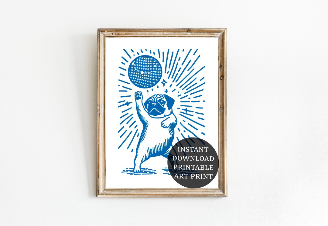 Retro Disco Pug Dance Party Printable Blue Linocut Illustration Home ...