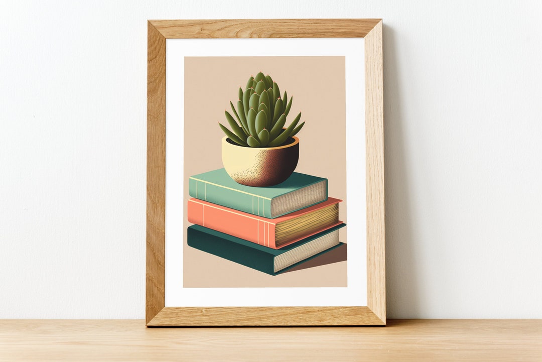 Succulent on Books Art Print Digital Download, Modern Bookshelf Decor ...