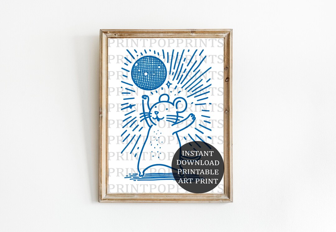 Retro Dancing Mouse Disco Ball Print Fun Blue Linocut Artwork, Instant ...