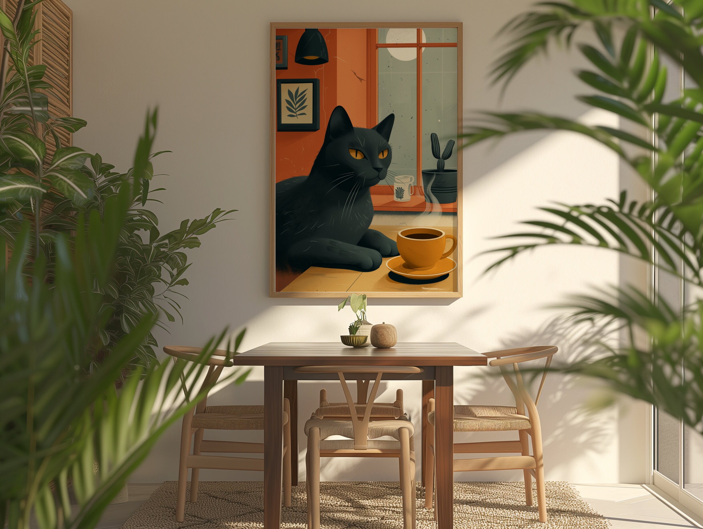 Mid-century Modern Black Cat Art Print: Cozy Coffee Room (digital ...