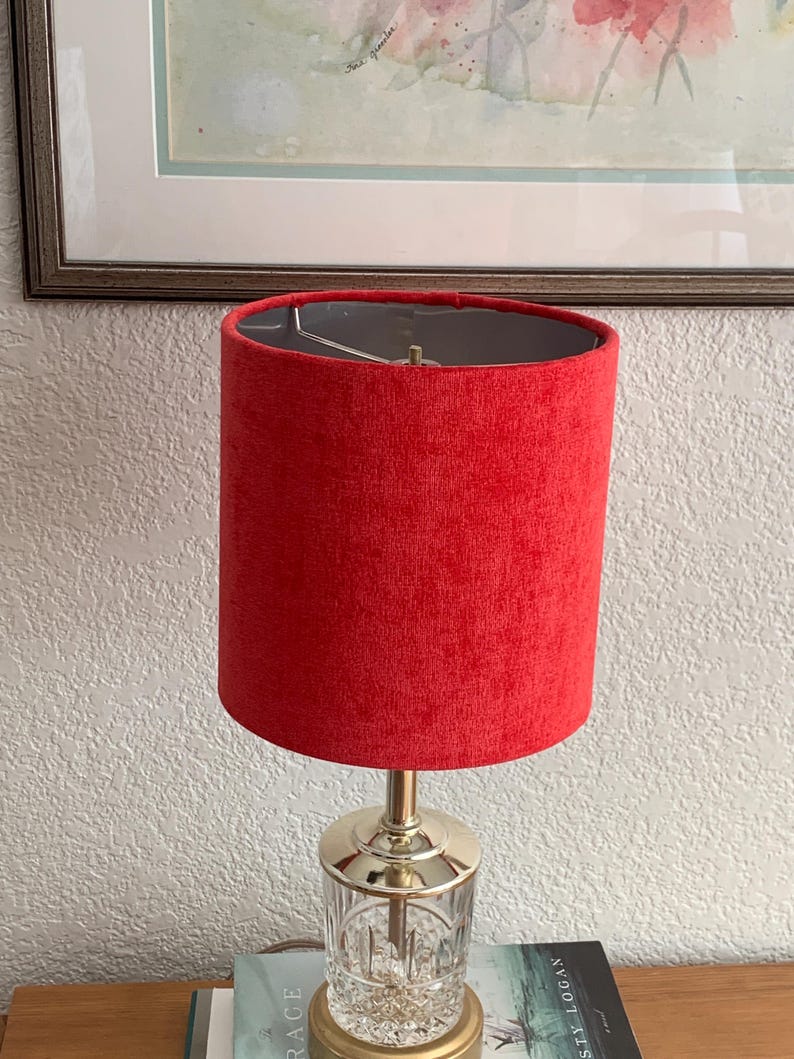 One Red Velvet Drum Lampshade- Washer Spider- Silver Lining-7"dia X 7"h ...