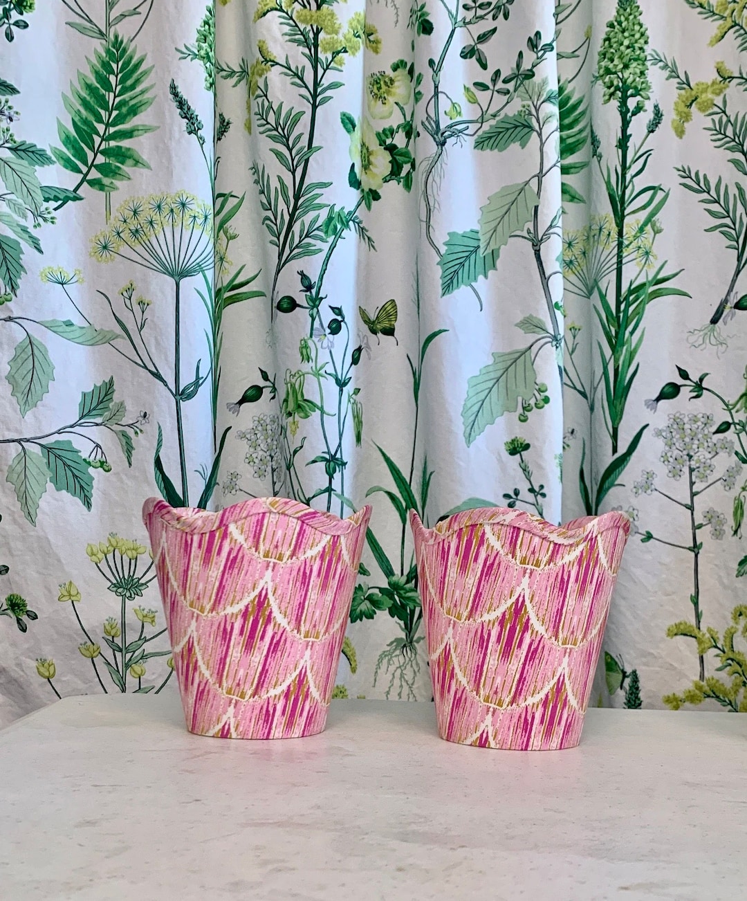 2 Scalloped Gold Rose Pink Ikat Raffia Sconce Shades in a Regular Round ...