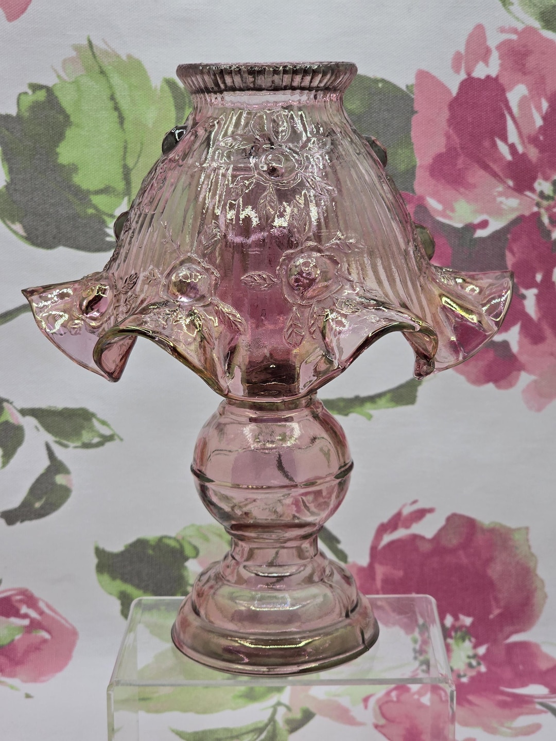 Vintage Fairy Lamp Indiana Glass for Homco - Dusty Rose Cabbage Rose ...