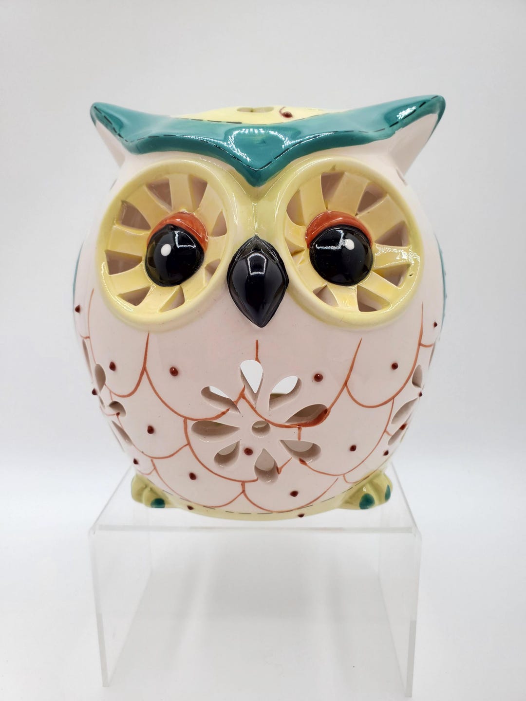 Darling Ceramic Owl Tea Light Holder Hand Painted Yellow, Green & White ...