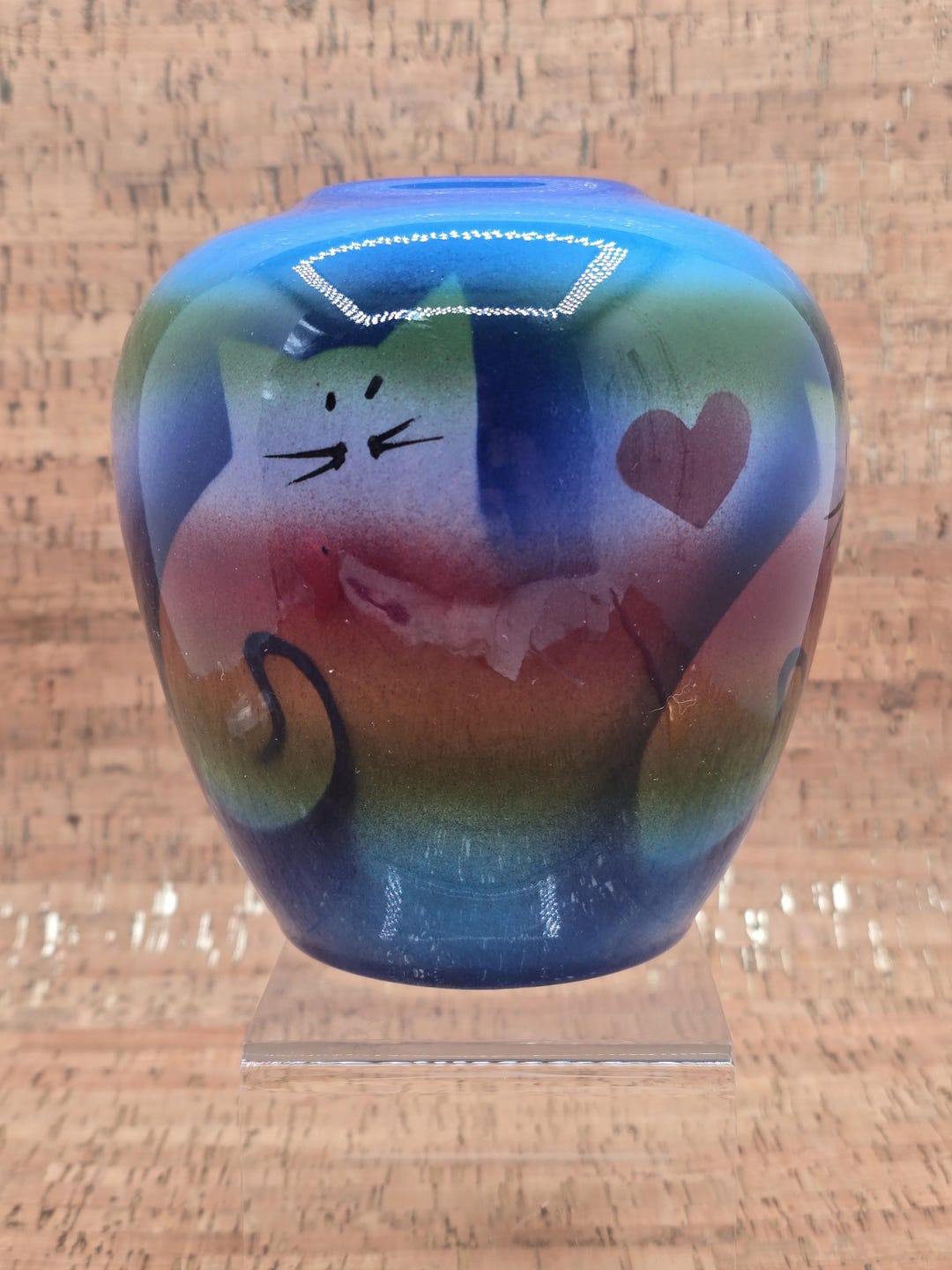 Vintage Judith Stiles Cat Vase 1980s Rainbow Cats & Heart Motif ...