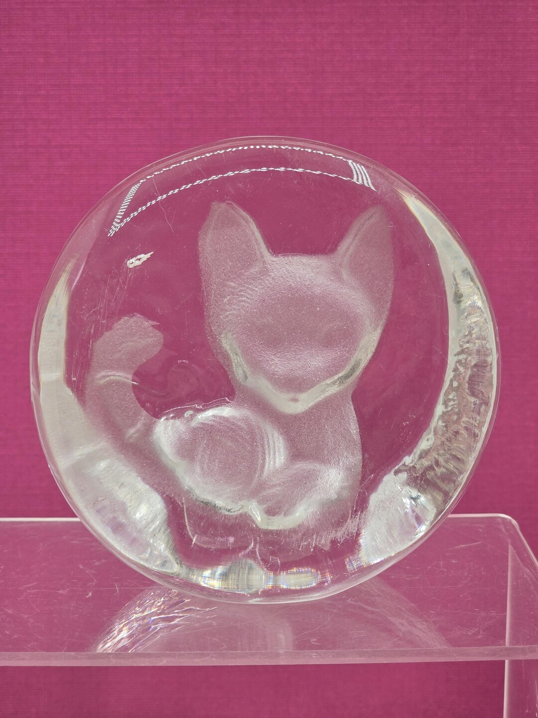 Vintage Cat Paperweight - Zajecar Crystal Kitten Paperweight – Etched ...