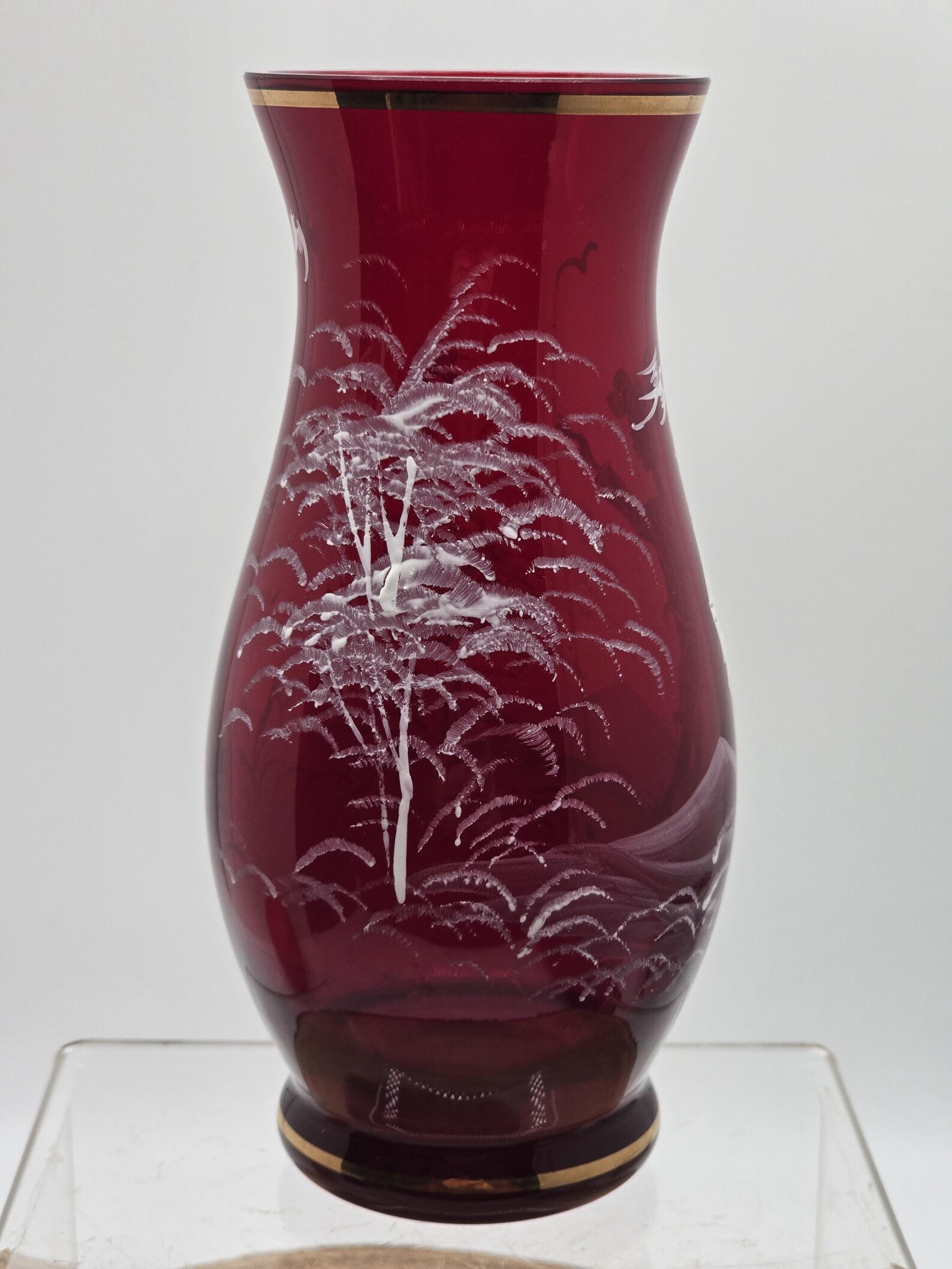 Vintage Fenton Mary Gregory Vase: Ruby Red Cranberry Glass With Gold ...