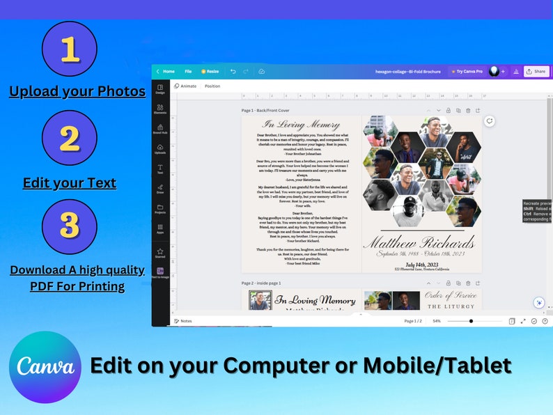 Funeral Program Template Hexagon Photo Collage Self Edit With Canva ...