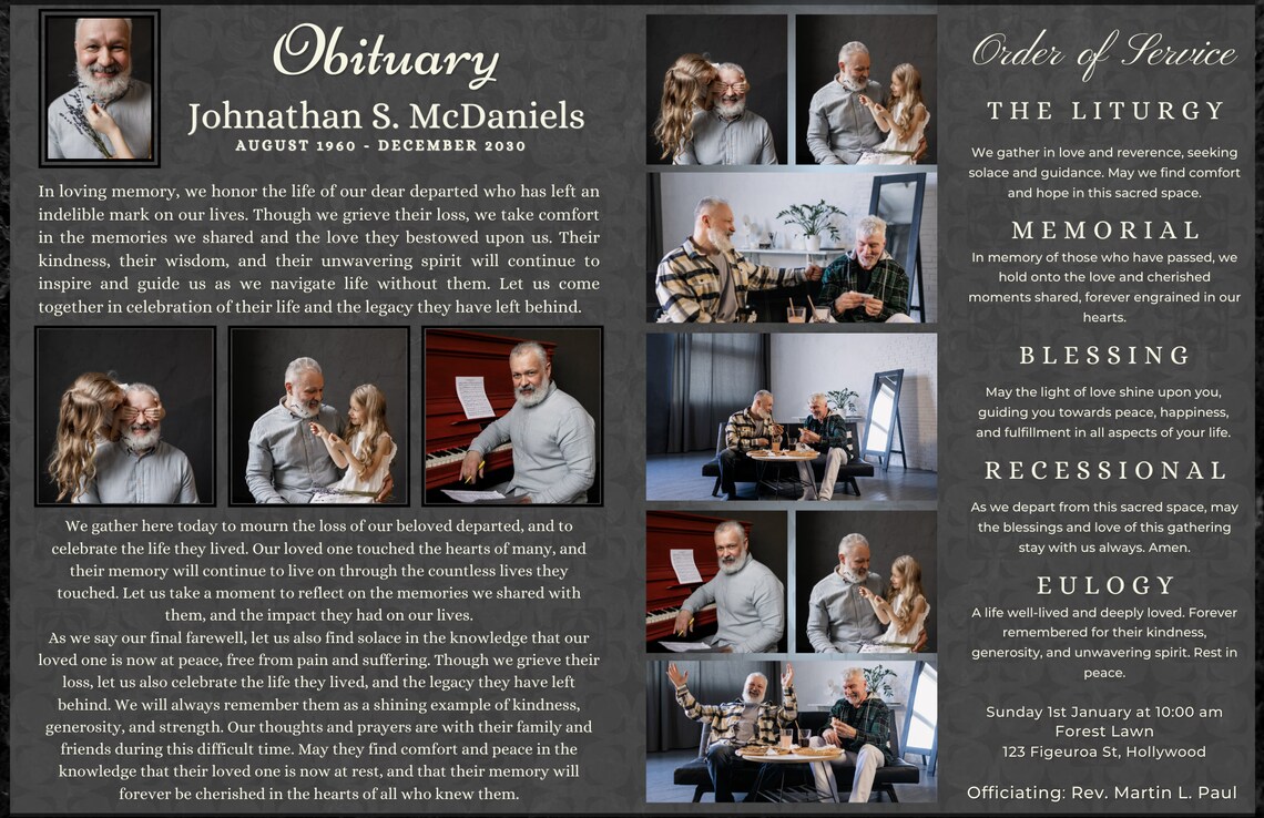 4 Page Funeral Brochure Template for Memorial Services - Obituary ...