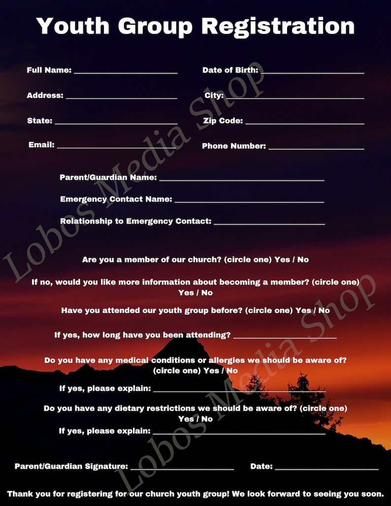 Printable Youth Group Registration Form Template - Easy to Customize ...