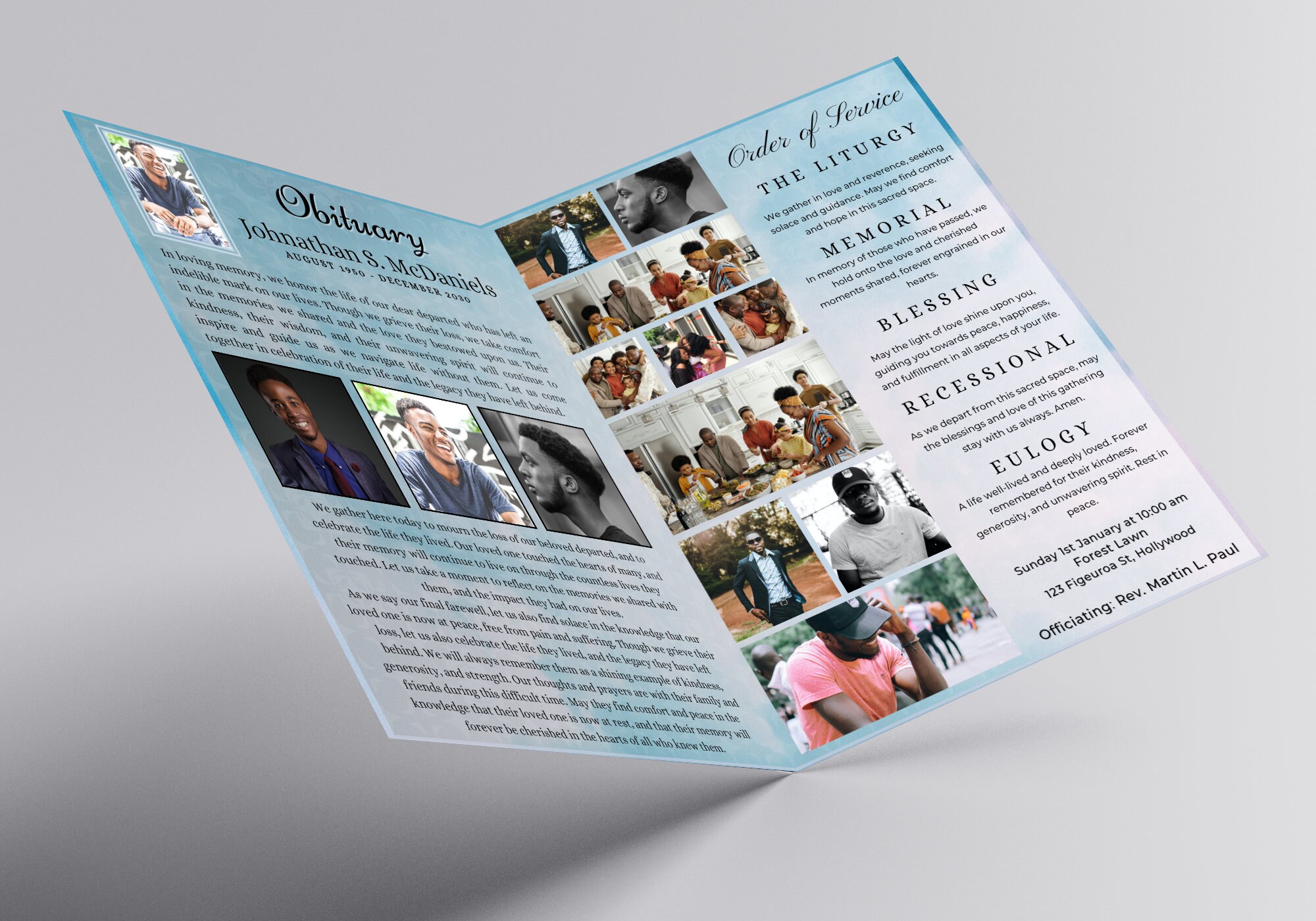 Funeral Program Bi-fold Brochure - Skyblue Obituary Template Design ...