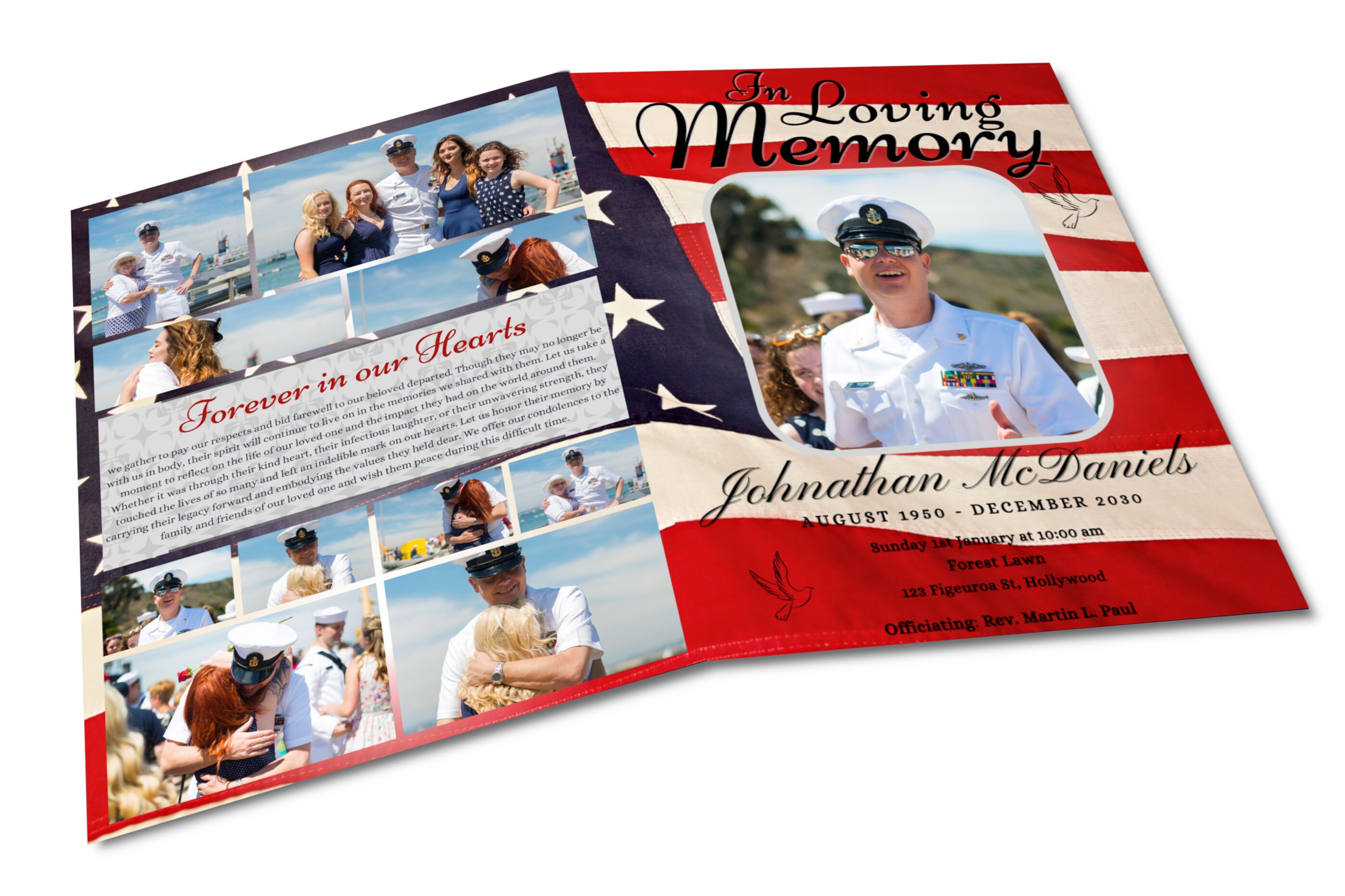 Patriotic Funeral Program Bi-fold Brochure - American Flag Editable ...