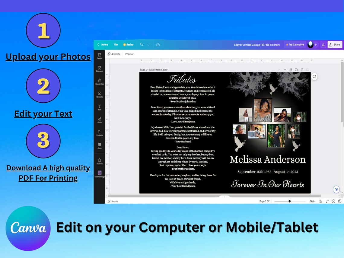 Editable Funeral Program Template Self-editable With Free Canva Account ...