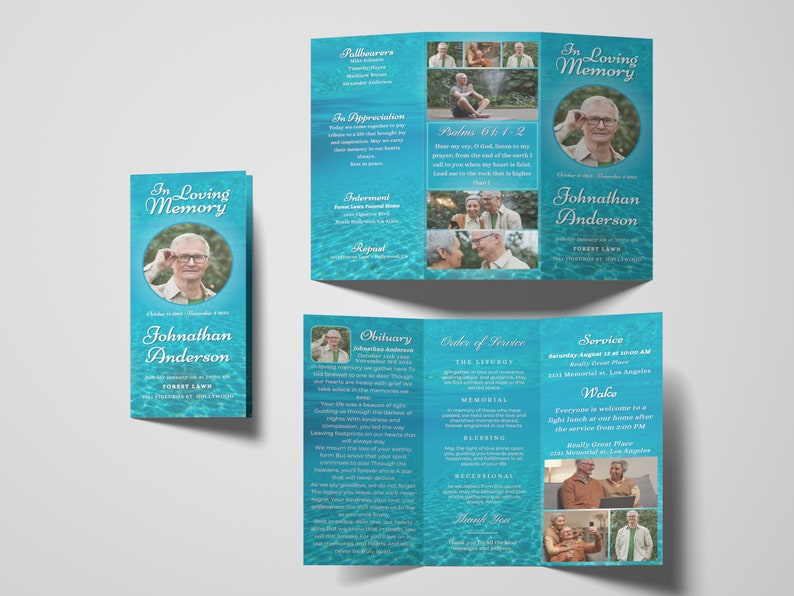 Ocean Blue Funeral Tri-fold Brochure Program Template, Printed or ...
