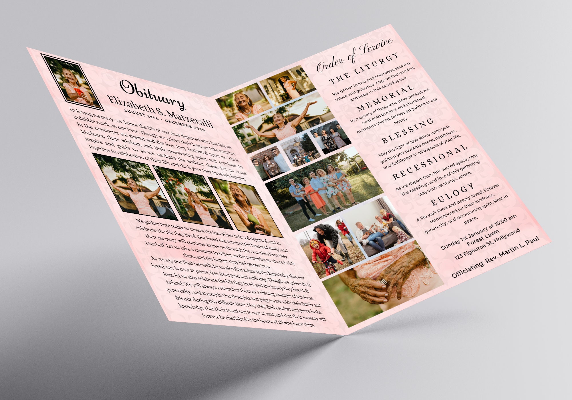 Funeral Program Bi-fold Brochure Template- Pink Women's Design- Self ...