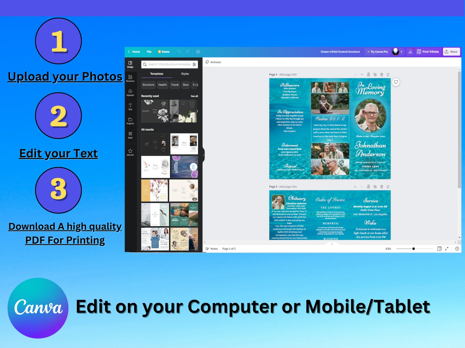 Ocean Blue Funeral Tri-fold Brochure Program Template, Printed or ...