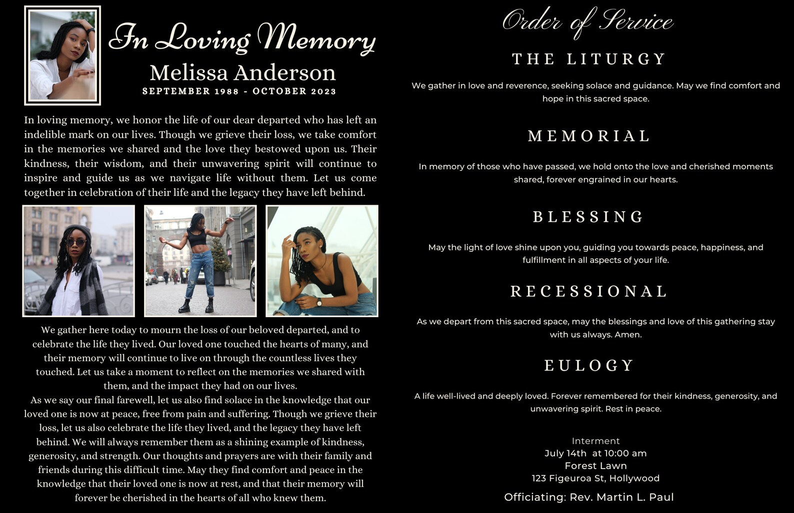 Obituary Program Template Large Framed Photo on Cover With Order of ...