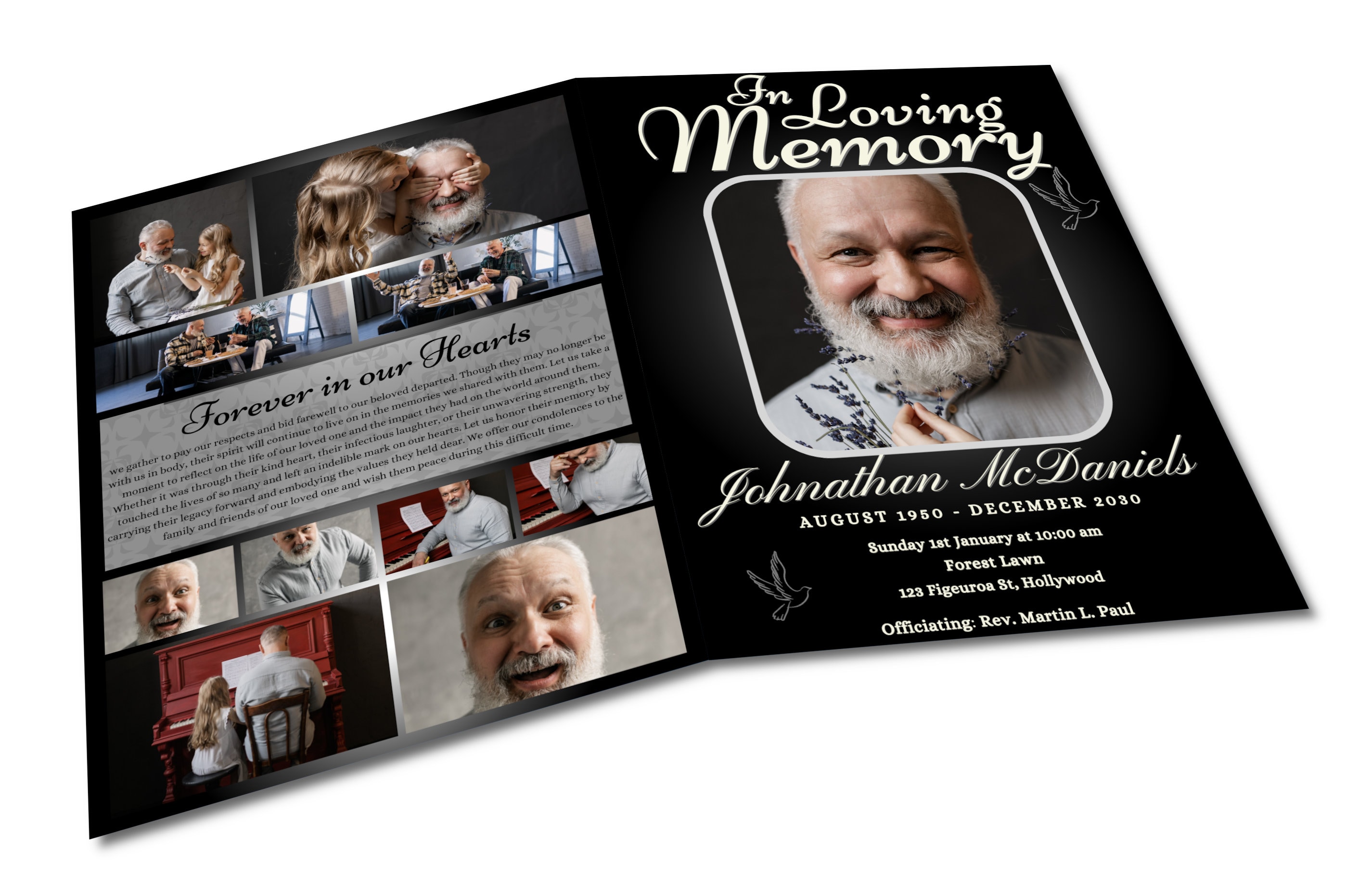 Funeral Program Bi-fold Brochure Black Elegant Template Design - Self ...
