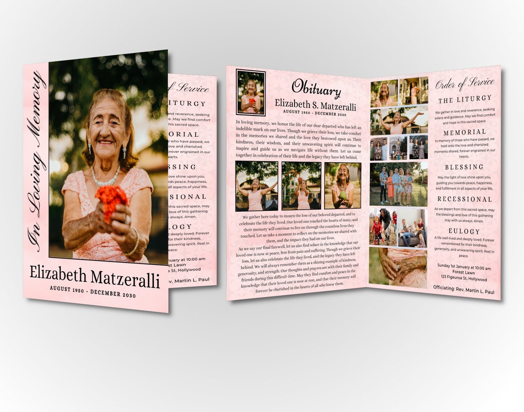 Funeral Program Bi-fold Brochure Template- Pink Women's Design- Self ...