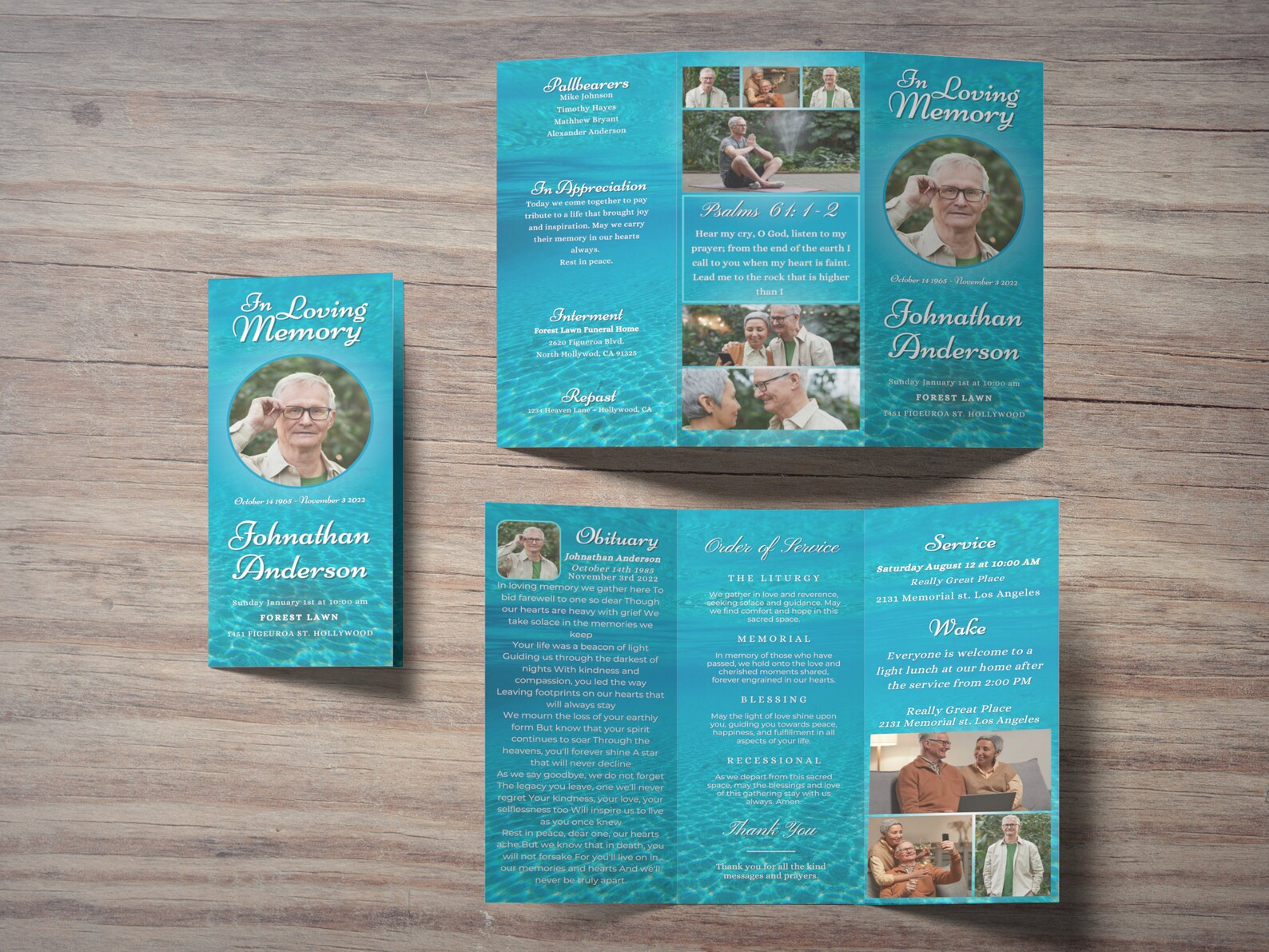 Ocean Blue Funeral Tri-fold Brochure Program Template, Printed or ...