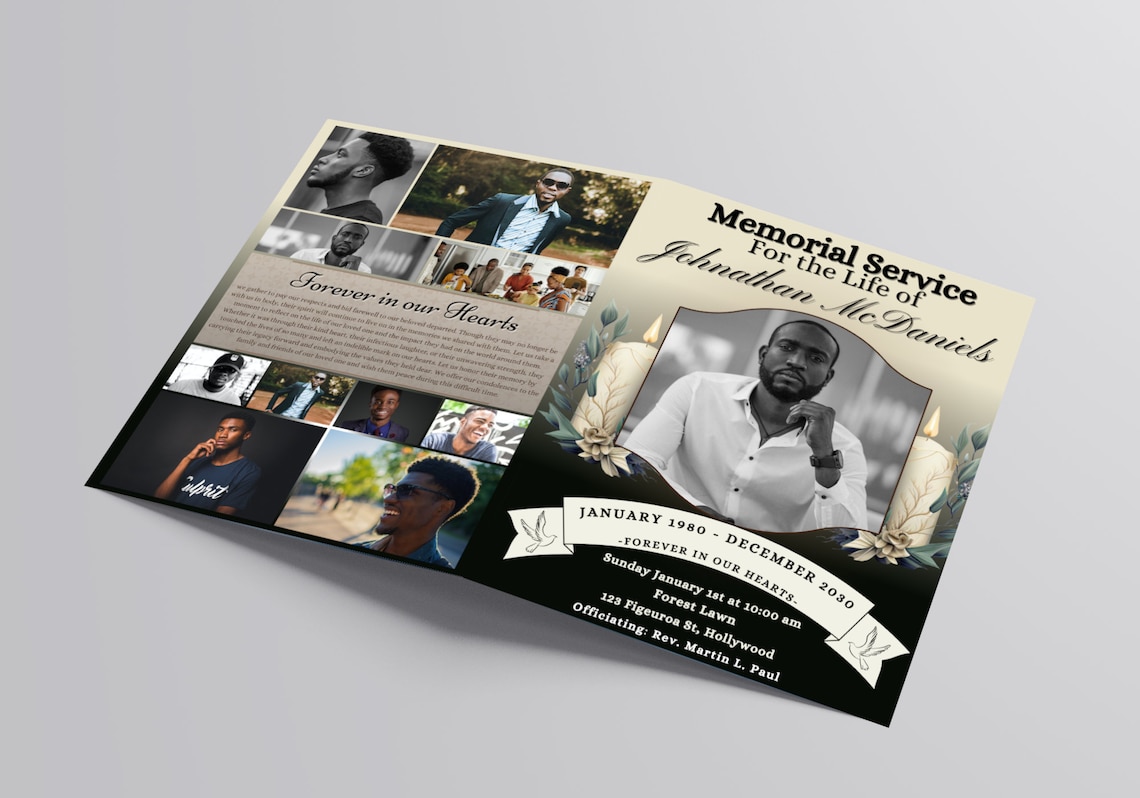 Funeral Obituary Program Brochure Folds in Half Fully Customizable ...