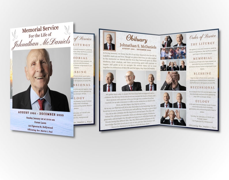Folding Funeral Brochure - Snowy Sunset Obituary Template Design ...