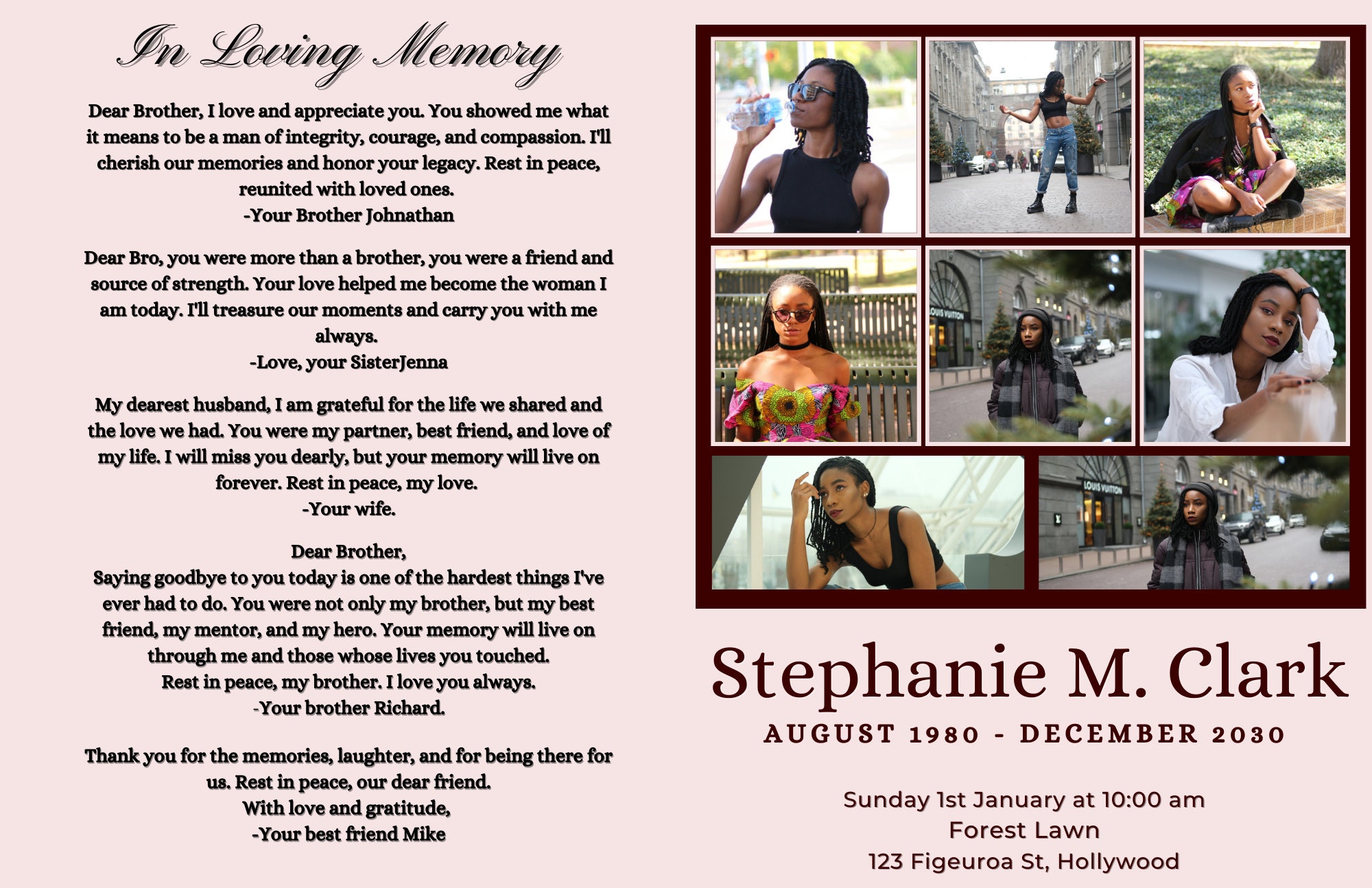 Funeral Program Template | Light Pink Square Grid Photo Collage | 4 ...