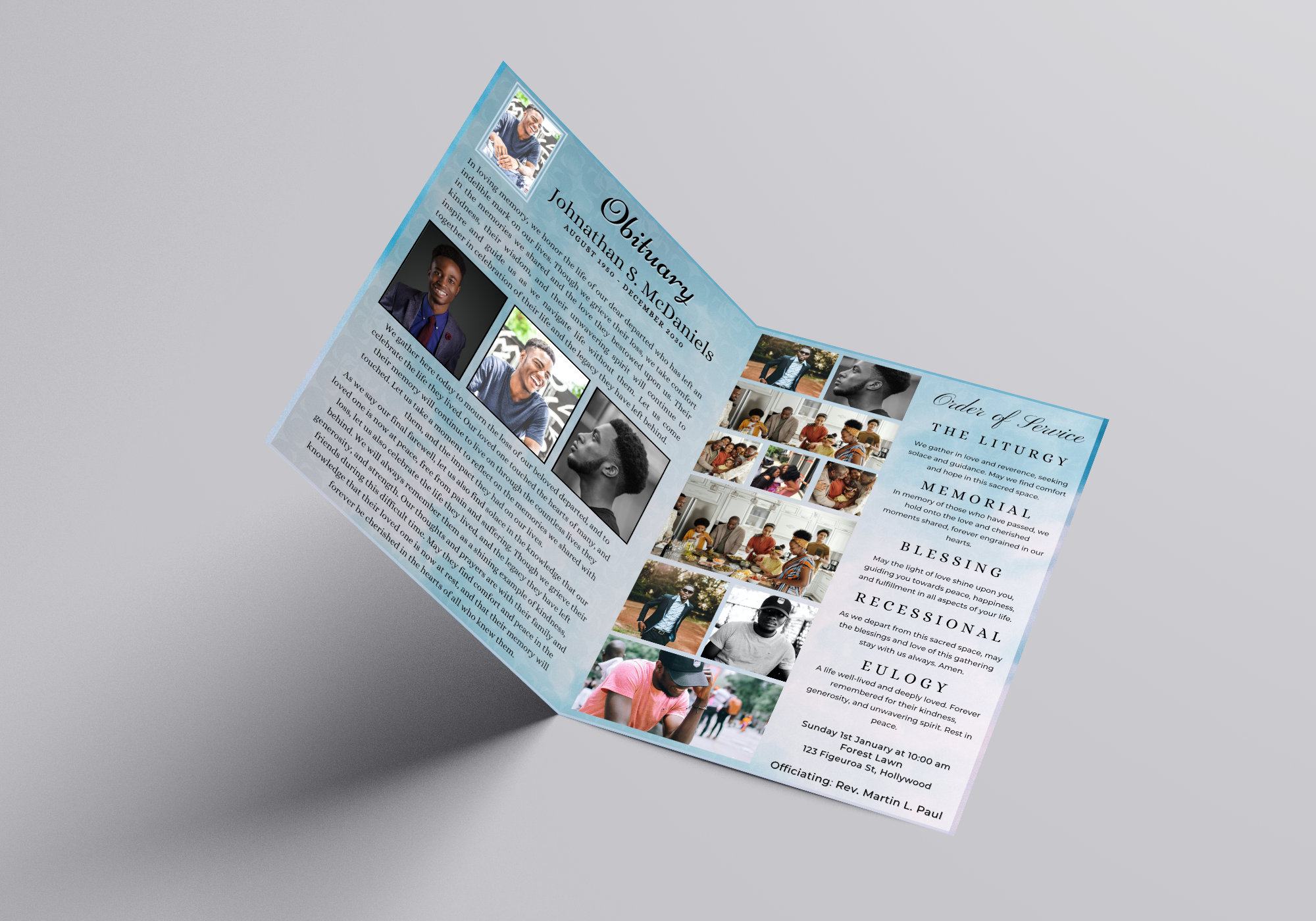 Funeral Program Bi-fold Brochure - Skyblue Obituary Template Design ...