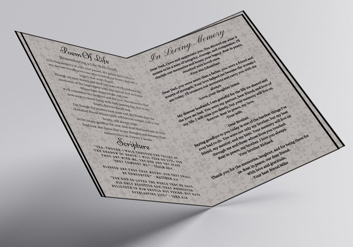 8 Page Funeral Program Bi-fold Brochure - Obituary Template Design ...