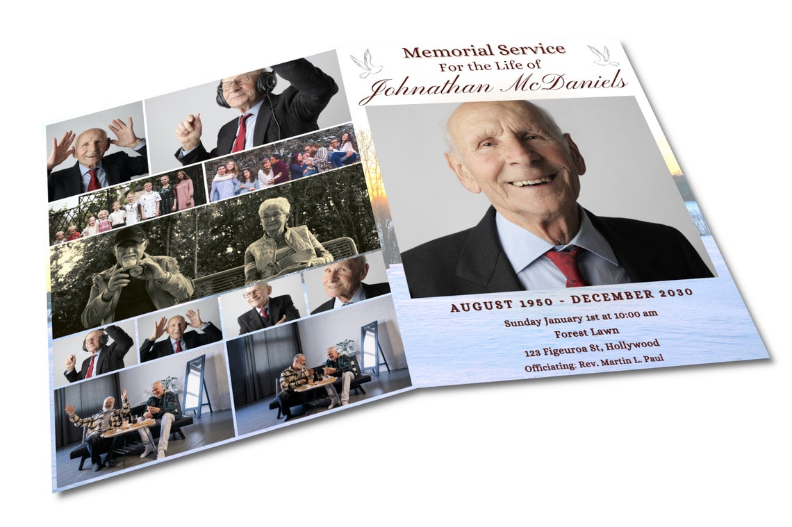 Folding Funeral Brochure - Snowy Sunset Obituary Template Design ...