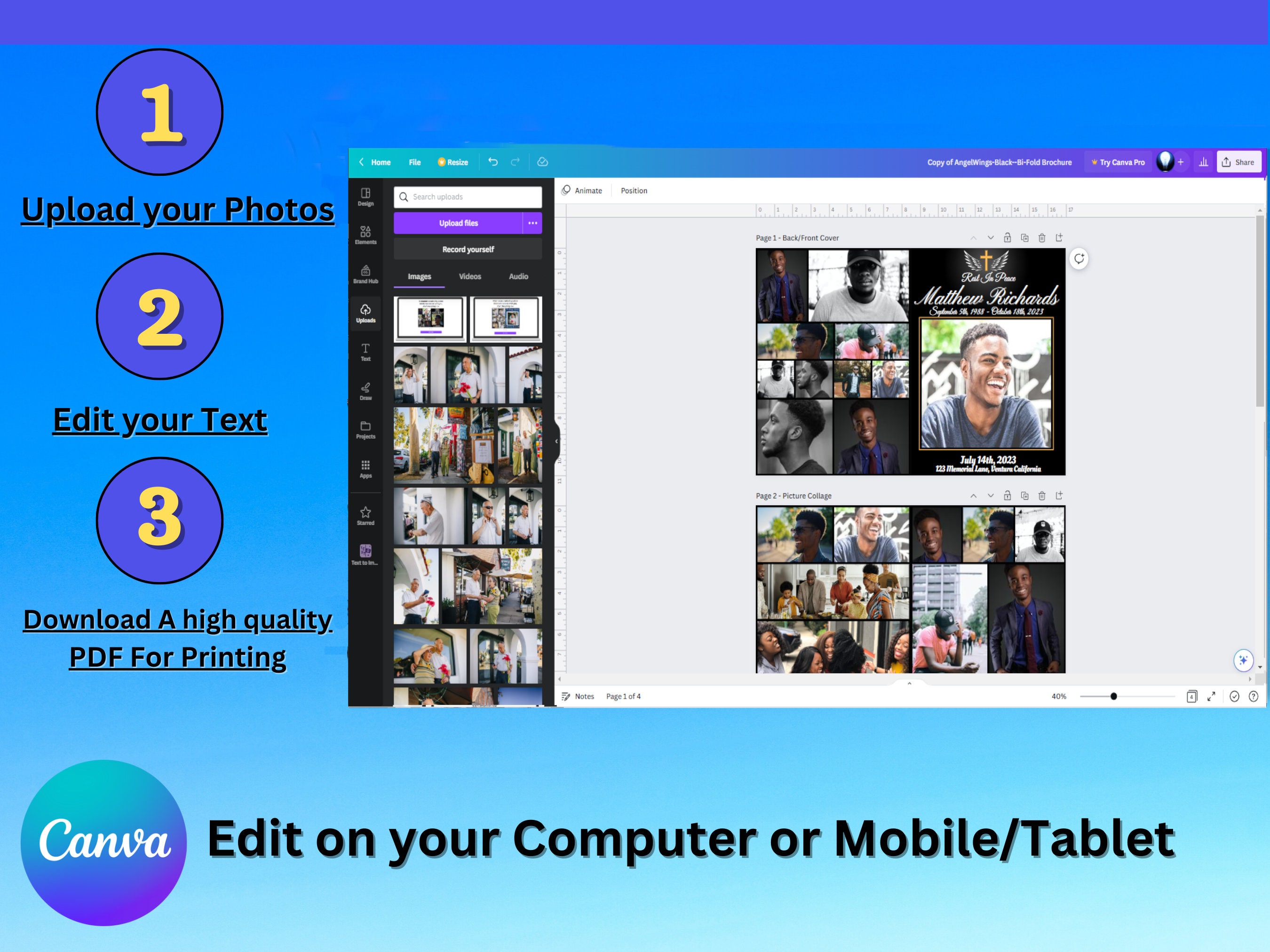 8 Page Funeral Bi-fold Brochure Template for Memorial Services - Self ...