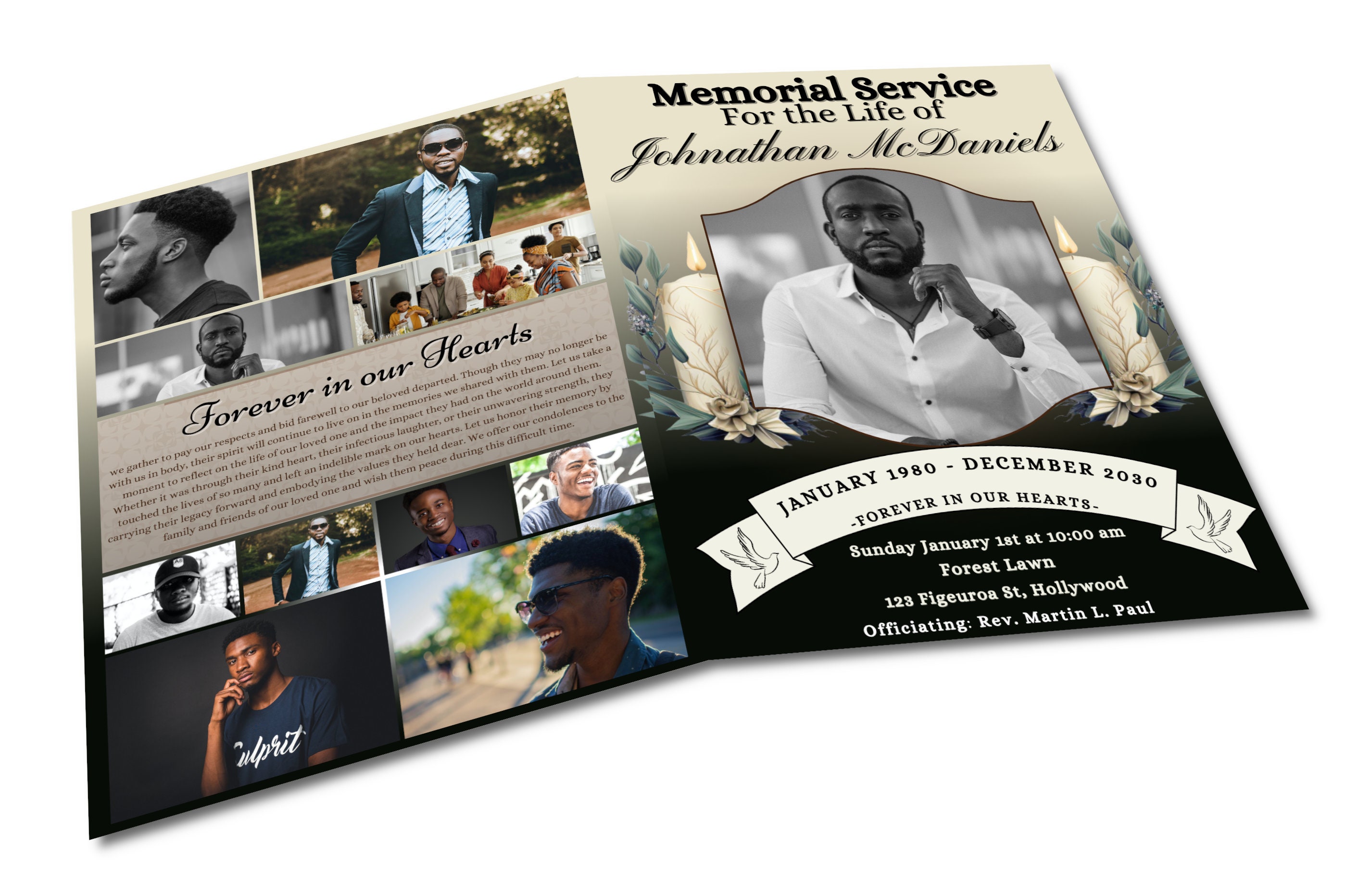 Funeral Obituary Program Brochure Folds in Half Fully Customizable ...