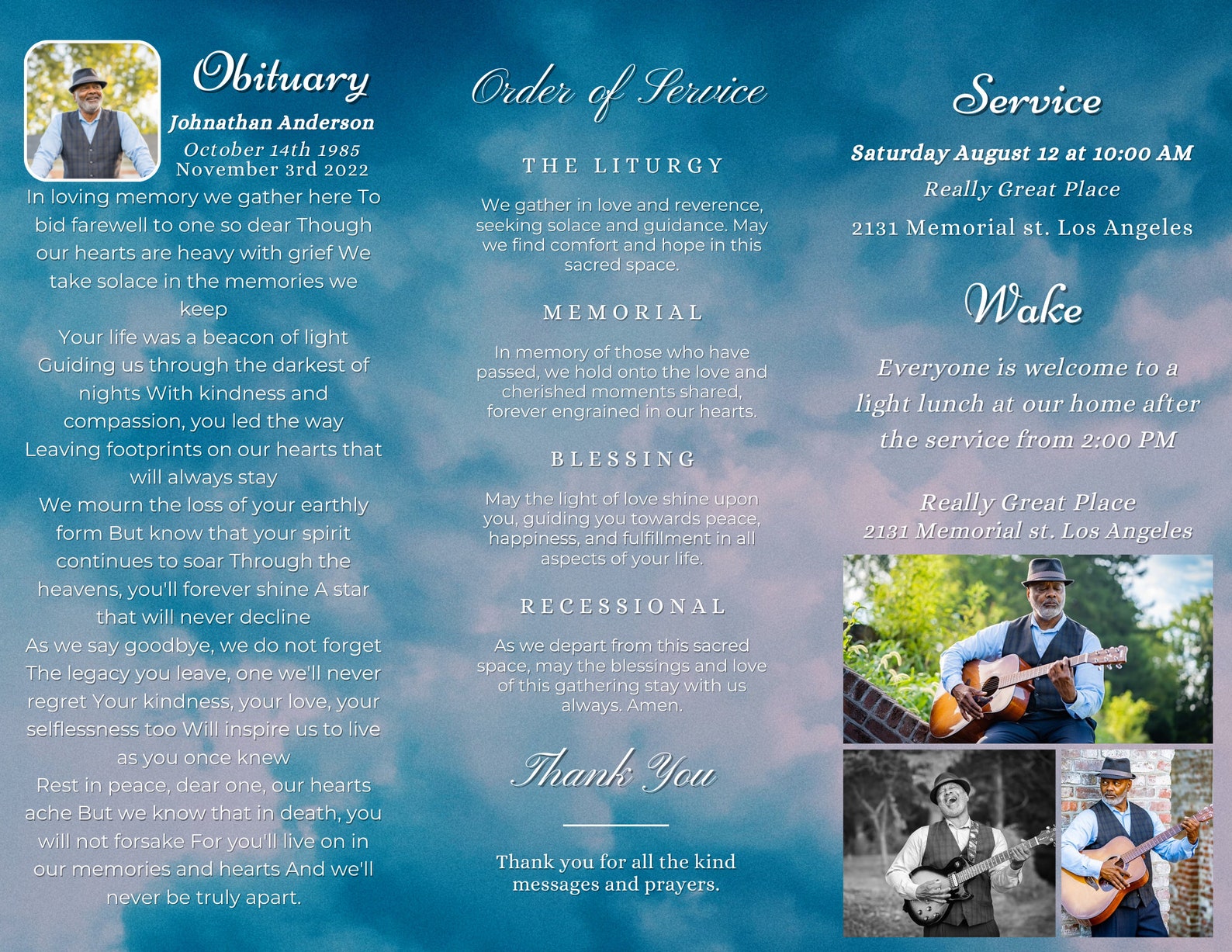 Funeral Program Tri-fold Brochure Dark Blue Sky Template Instant ...