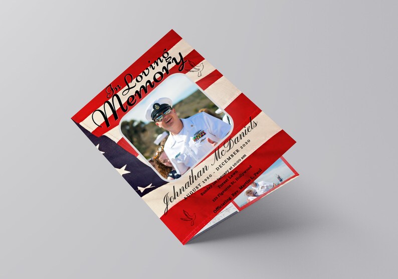 Patriotic Funeral Program Bi-fold Brochure - American Flag Editable ...