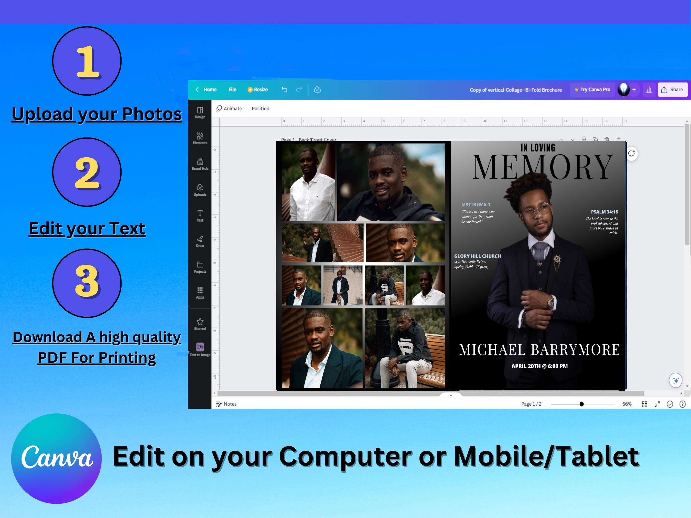 Magazine Style Funeral Program Template | 4 Page Booklet | Obituary and ...