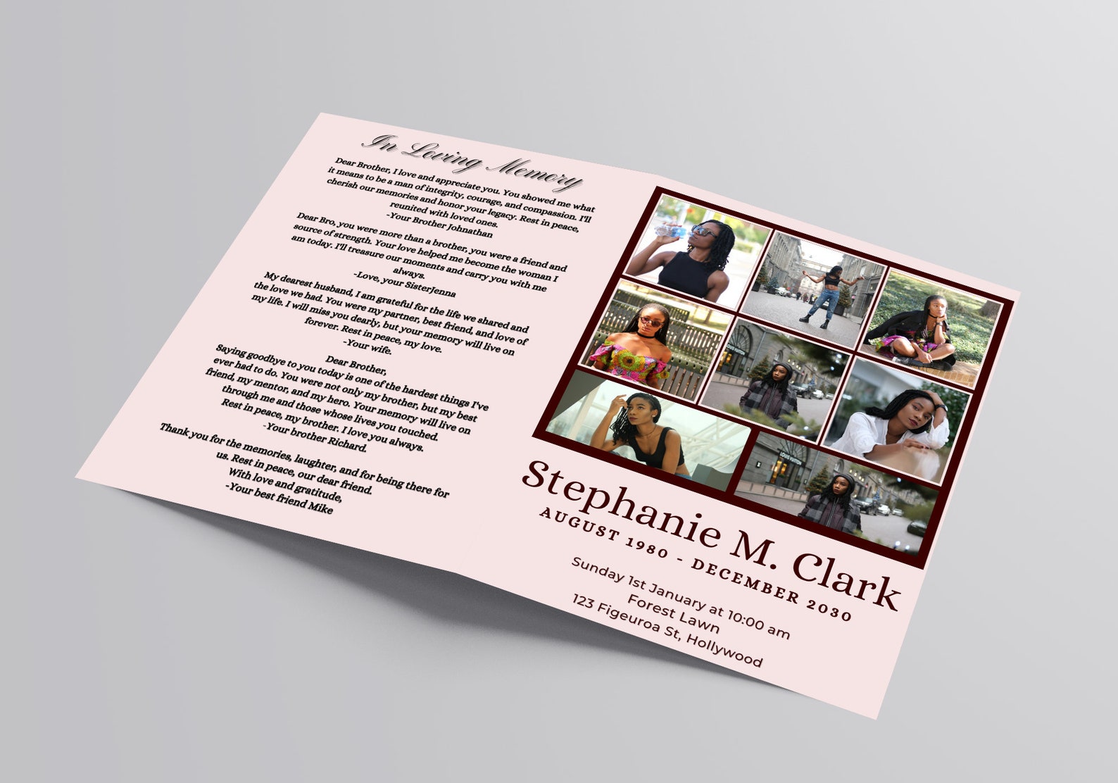 Funeral Program Template | Light Pink Square Grid Photo Collage | 4 ...