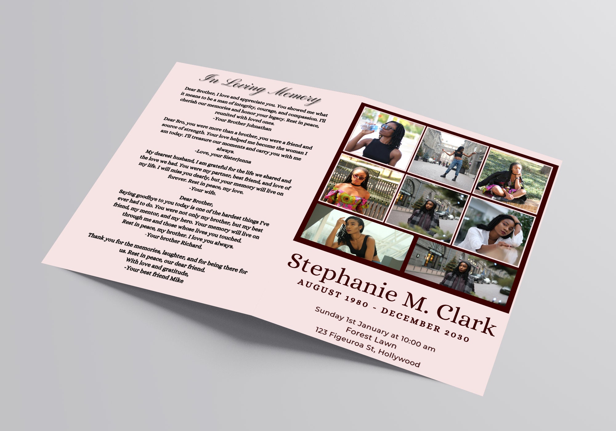 Funeral Program Template | Light Pink Square Grid Photo Collage | 4 ...