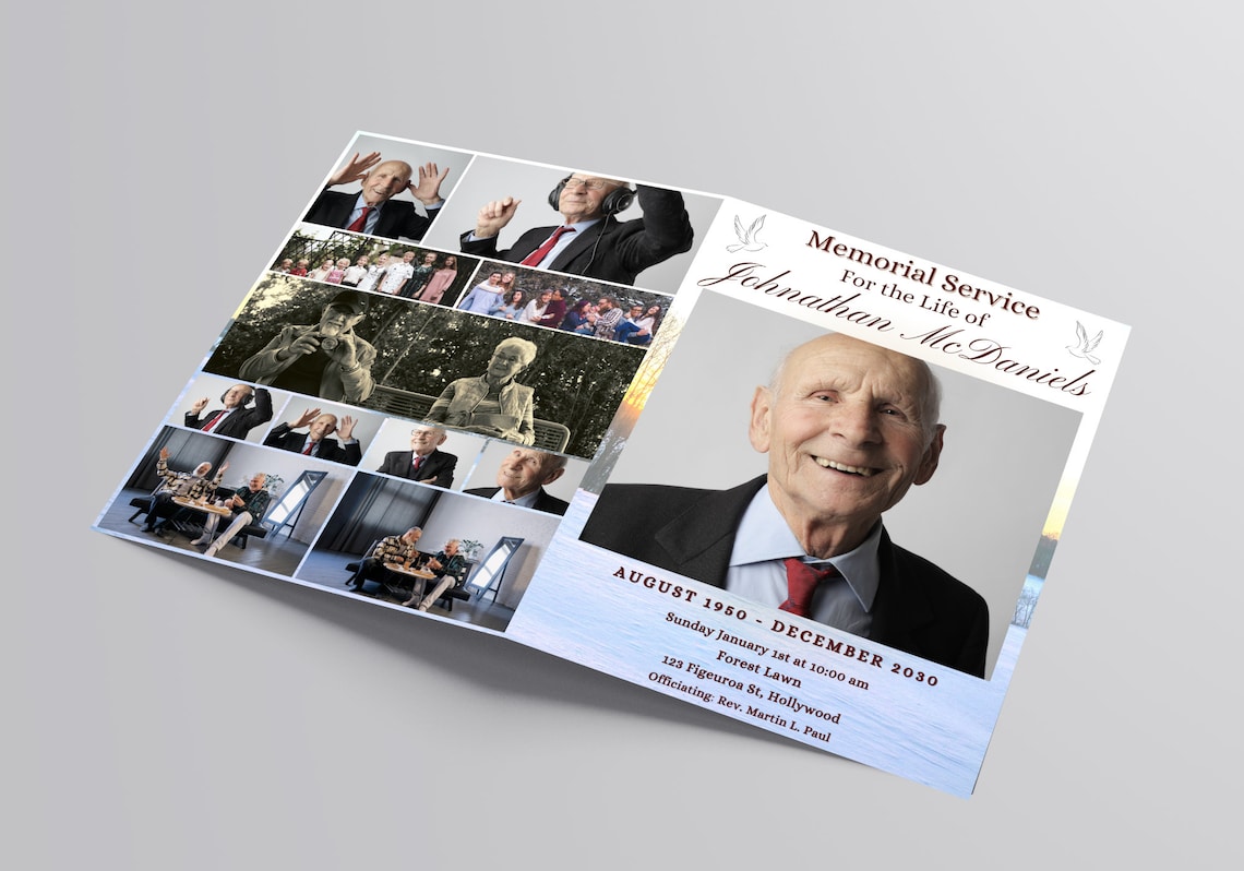 Folding Funeral Brochure Snowy Sunset Obituary Template Design Editable ...