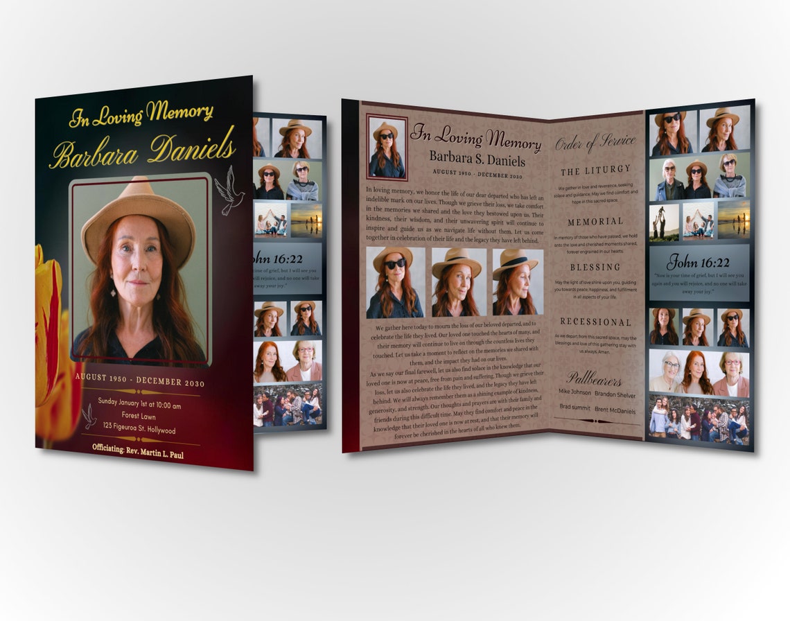 Funeral Program Bi-fold Brochure Flower Template Design Self - Etsy