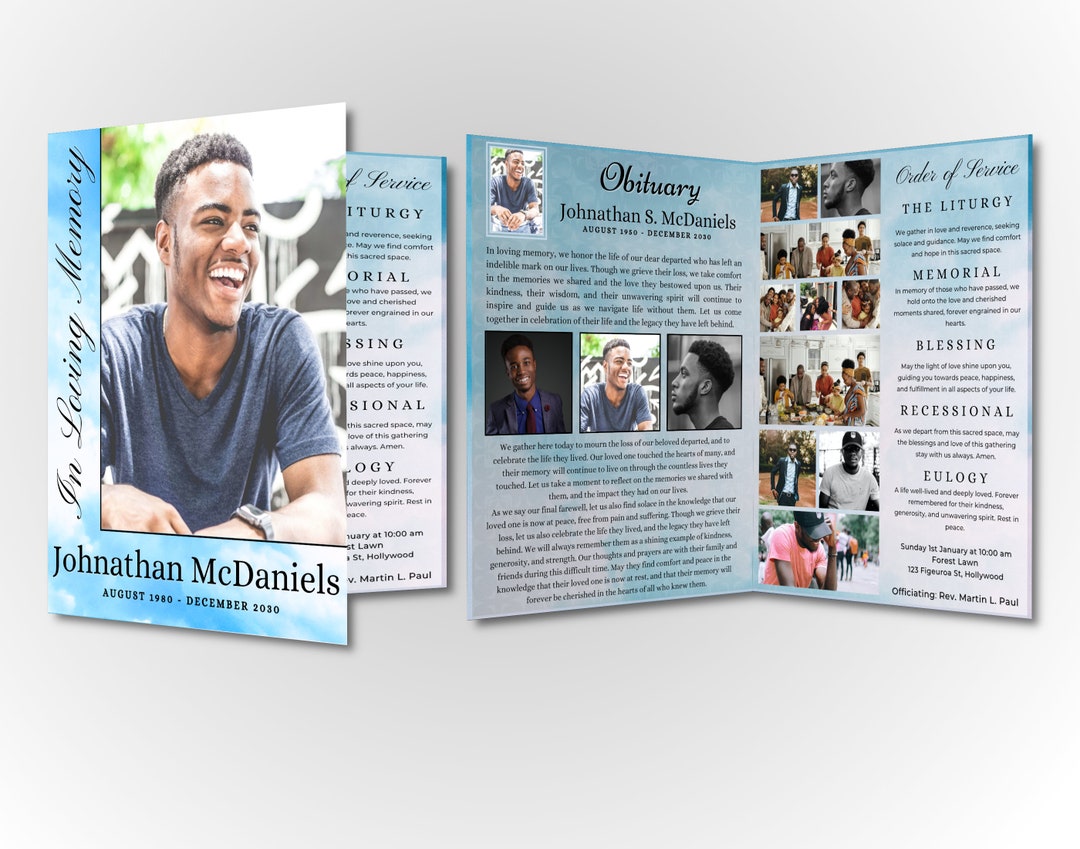 Funeral Program Bi-fold Brochure - Skyblue Obituary Template Design ...