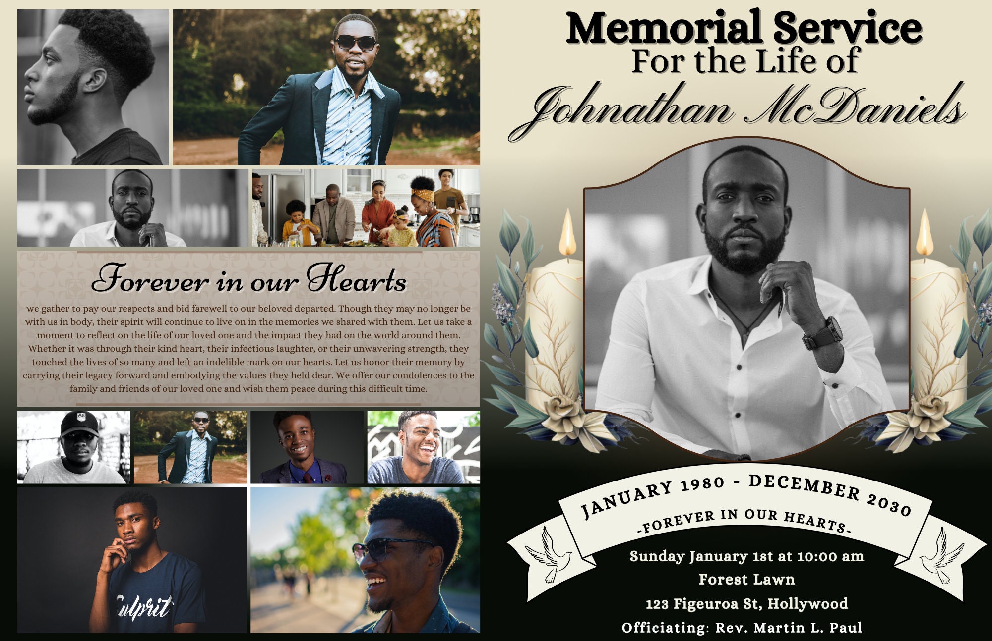 Funeral Obituary Program Brochure - Folds in Half - Fully Customizable ...